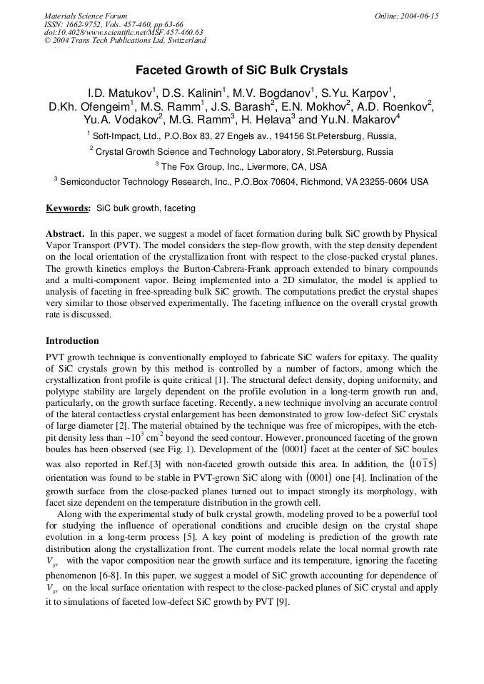 Faceted Growth of SiC Bulk Crystals | Scientific.Net
