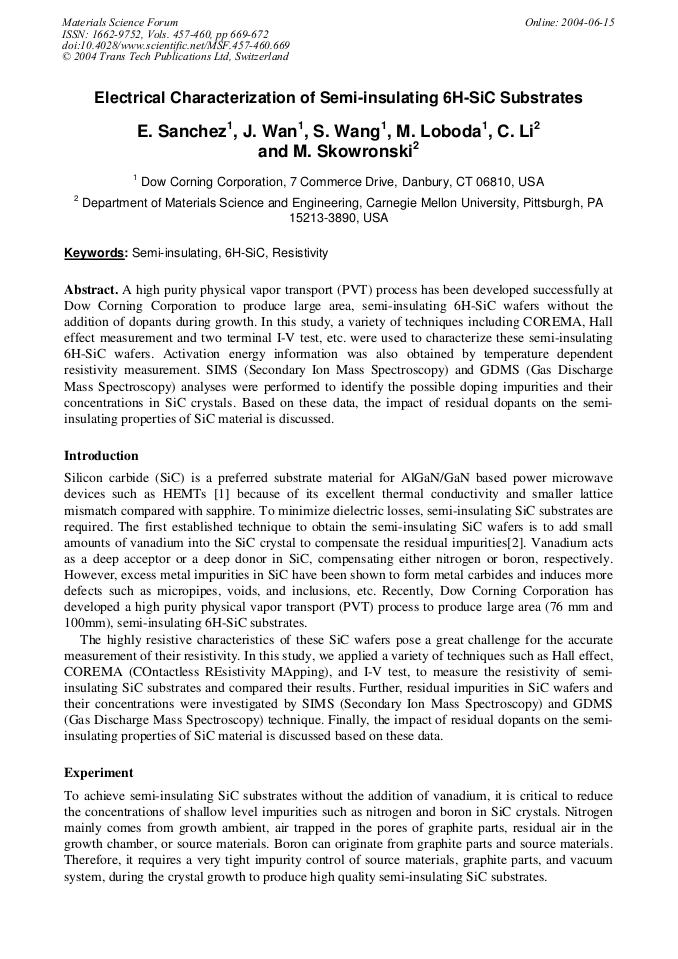 Electrical Characterization of Semi-Insulating 6H-SiC Substrates ...