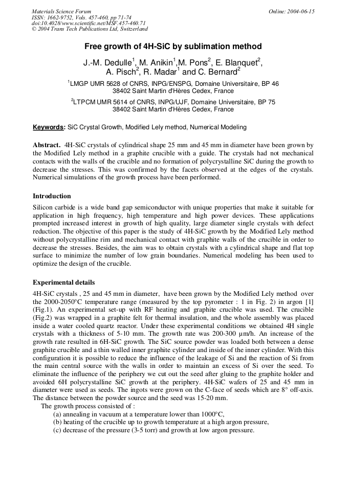 Free Growth of 4H-SiC by Sublimation Method | Scientific.Net