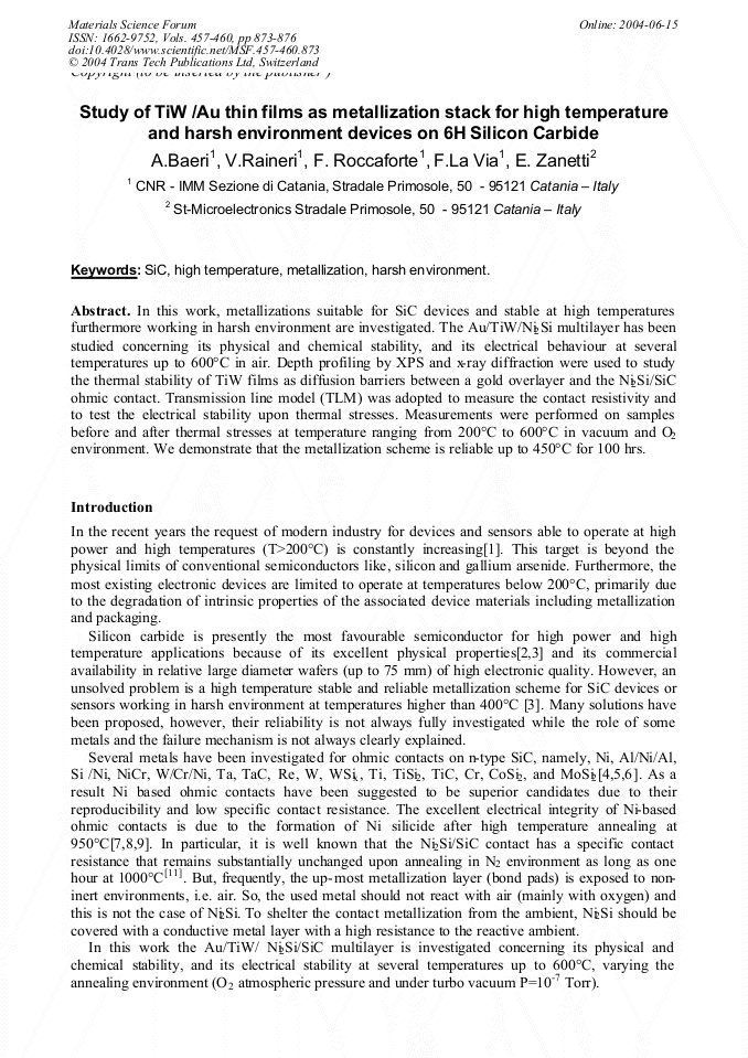 Study of TiW/Au Thin Films Metallization Stack for High Temperature and ...
