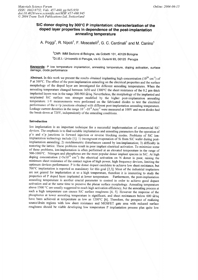 SiC Donor Doping by 300°C P Implantation: Characterization of the Doped ...