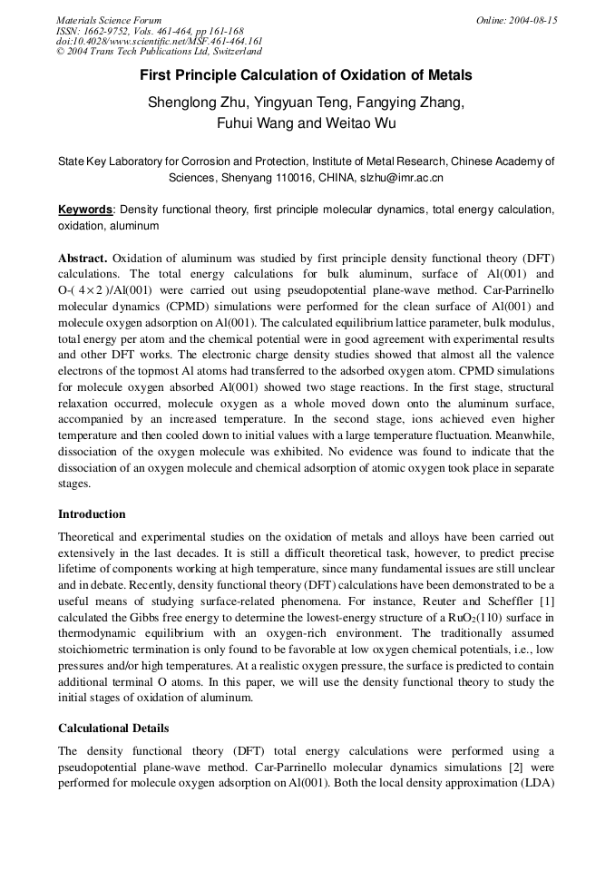 First Principle Calculation of Oxidation of Metals | Scientific.Net