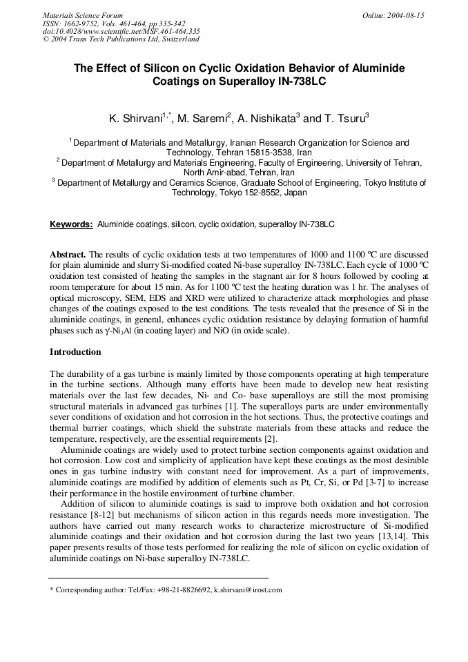 The Effect of Silicon on Cyclic Oxidation Behavior of Aluminide Coatings on Superalloy IN-738LC ...