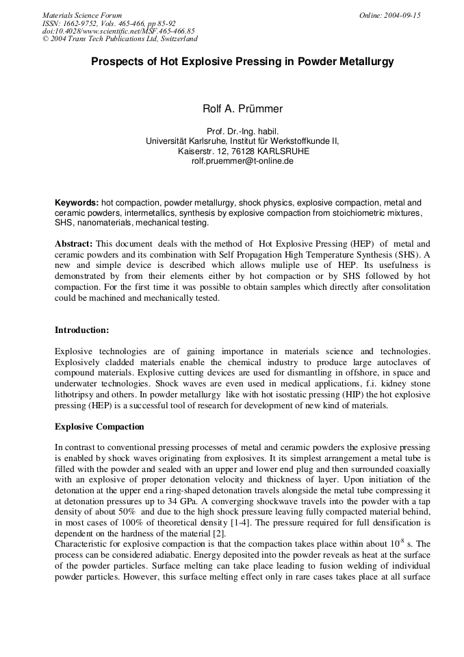 Prospects of Hot Explosive Pressing in Powder Metallurgy | Scientific.Net
