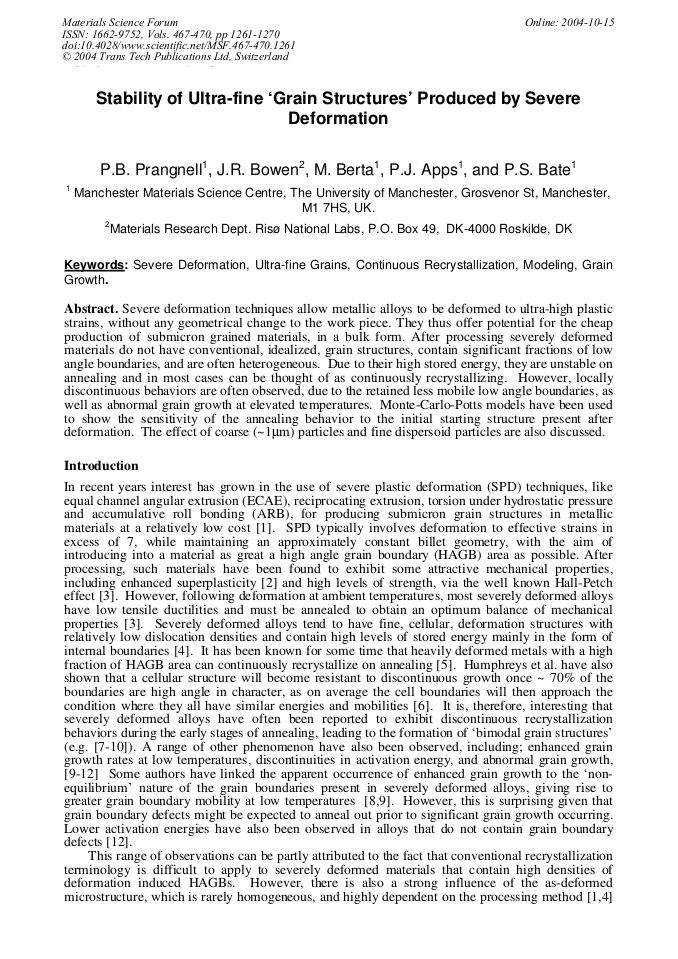 Stability of Ultra-Fine ‘Grain Structures’ Produced by Severe ...