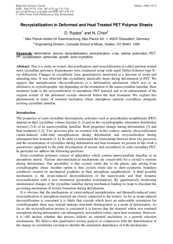 Recrystallization in Deformed and Heat Treated PET Polymer Sheets ...