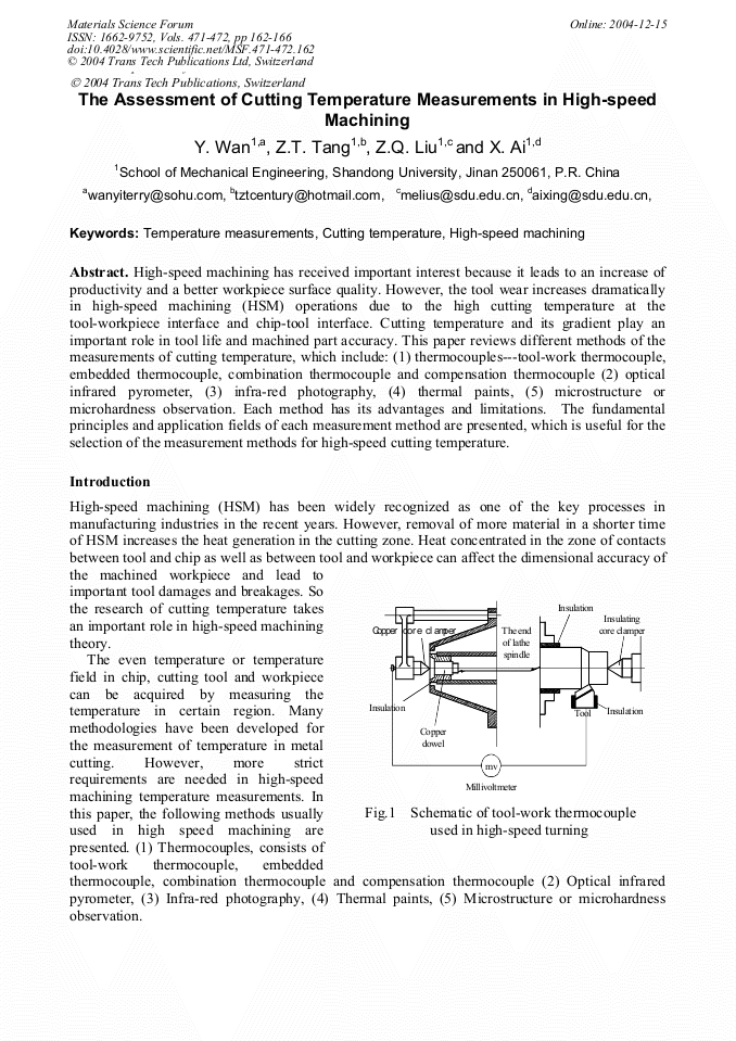The Assessment Of Cutting Temperature Measurements In High Speed Machining Scientific Net