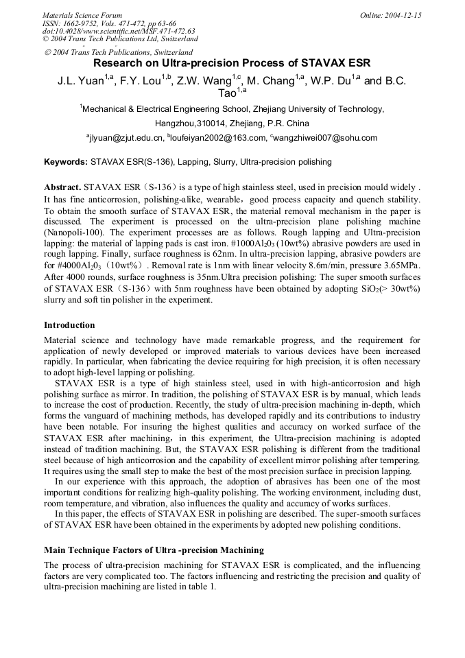 Research on Ultra-Precision Process of STAVAX ESR | Scientific.Net