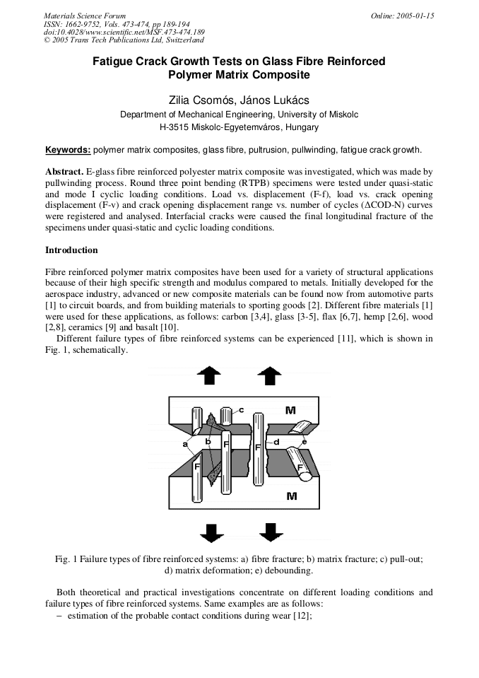Fatigue Crack Growth Tests on Glass Fibre Reinforced Polymer Matrix ...