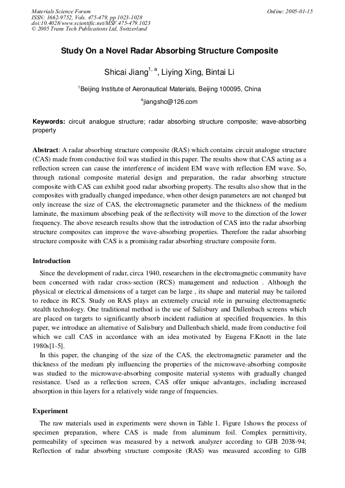 Study on a Novel Radar Absorbing Structure Composite | Scientific.Net