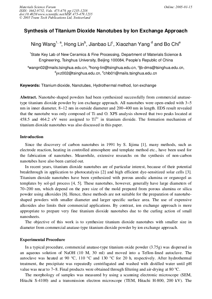 Synthesis of Titanium Dioxide Nanotubes by Ion Exchange Approach ...