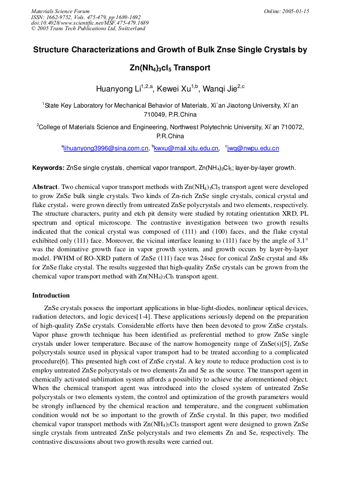 Structure Characterizations and Growth of Bulk ZnSe Single Crystals by ...
