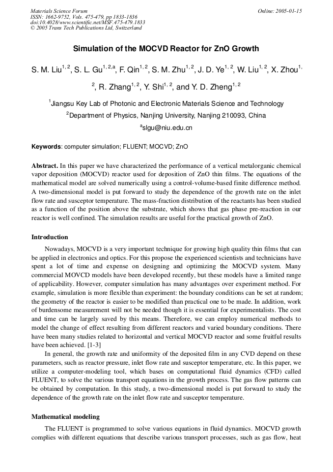 Simulation of the MOCVD Reactor for ZnO Growth | Scientific.Net