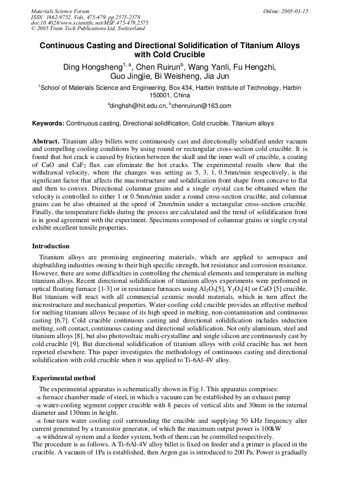 Continuous Casting and Directional Solidification of Titanium Alloys ...