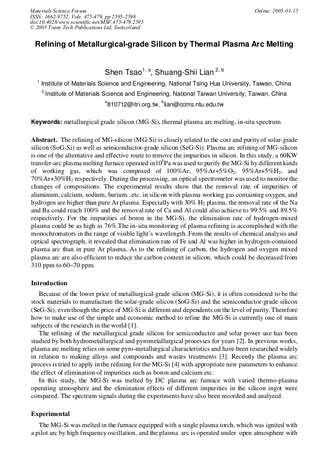 Refining of Metallurgical-Grade Silicon by Thermal Plasma Arc Melting ...