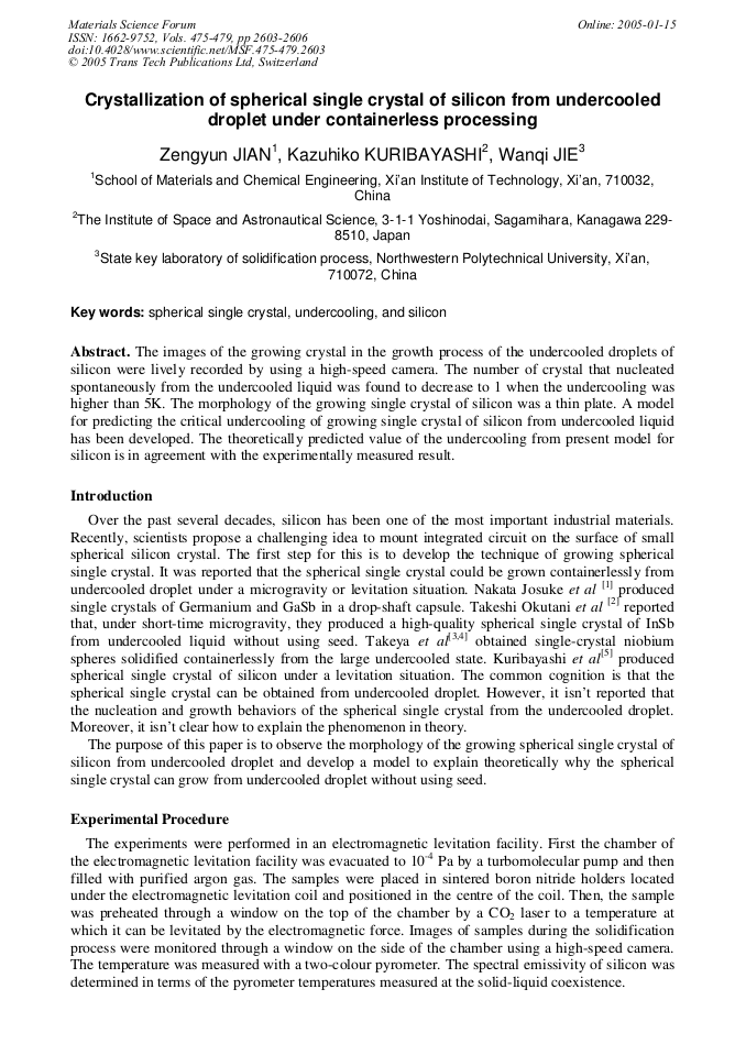 Crystallization of Spherical Single Crystal of Silicon from Undercooled ...