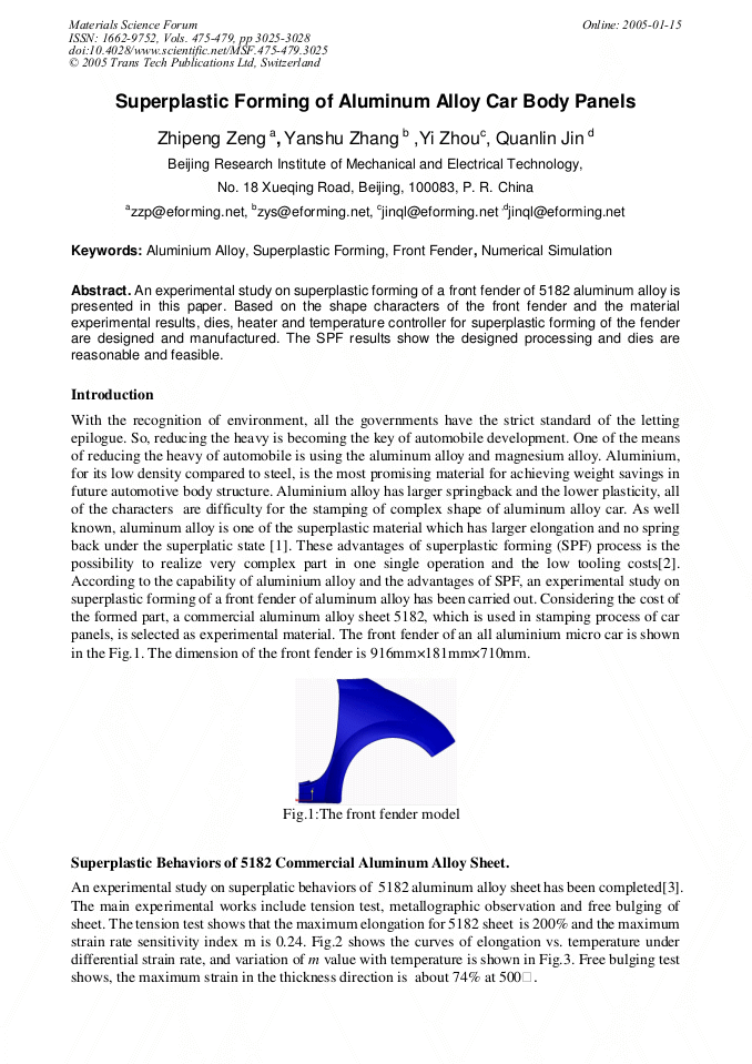 Superplastic Forming of Aluminum Alloy Car Body Panels | Scientific.Net