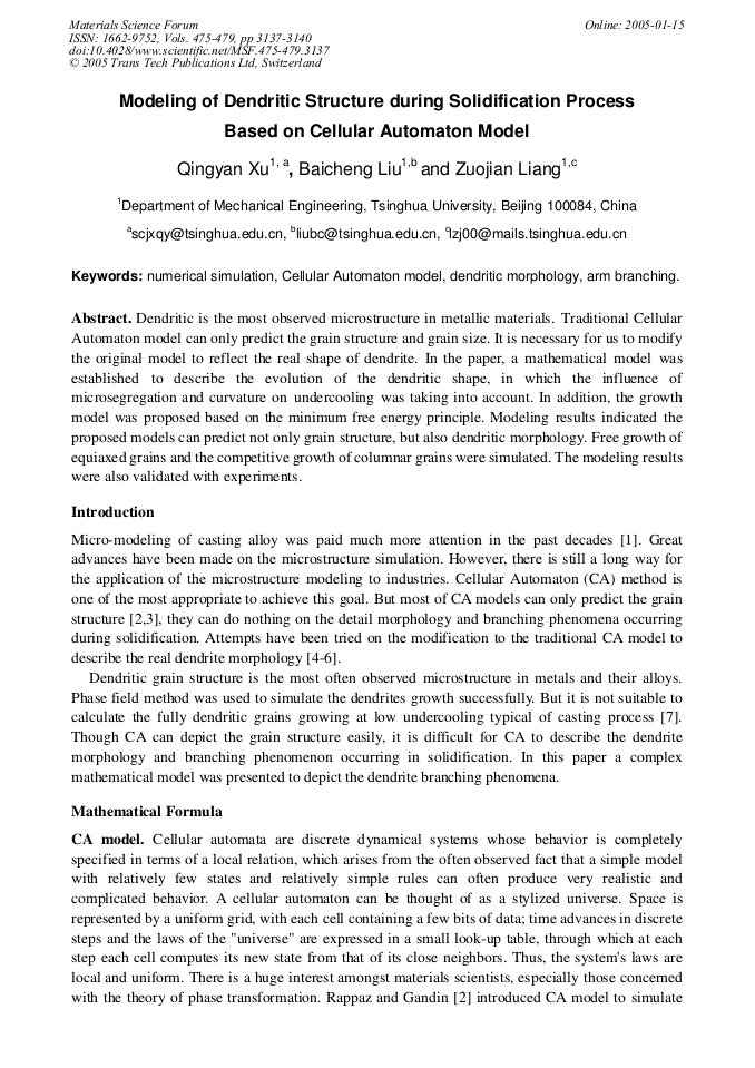 Modeling of Dendritic Structure during Solidification Process Based on ...
