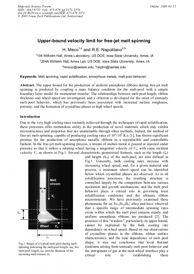 Upper-Bound Velocity Limit for Free-Jet Melt Spinning | Scientific.Net