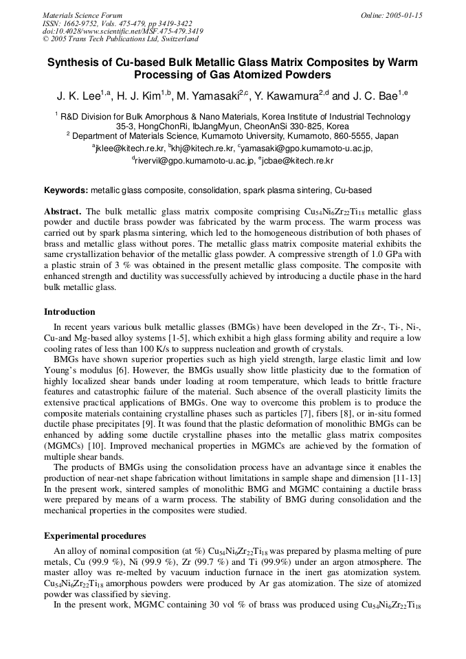 Synthesis of Cu-Based Bulk Metallic Glass Matrix Composites by Warm ...