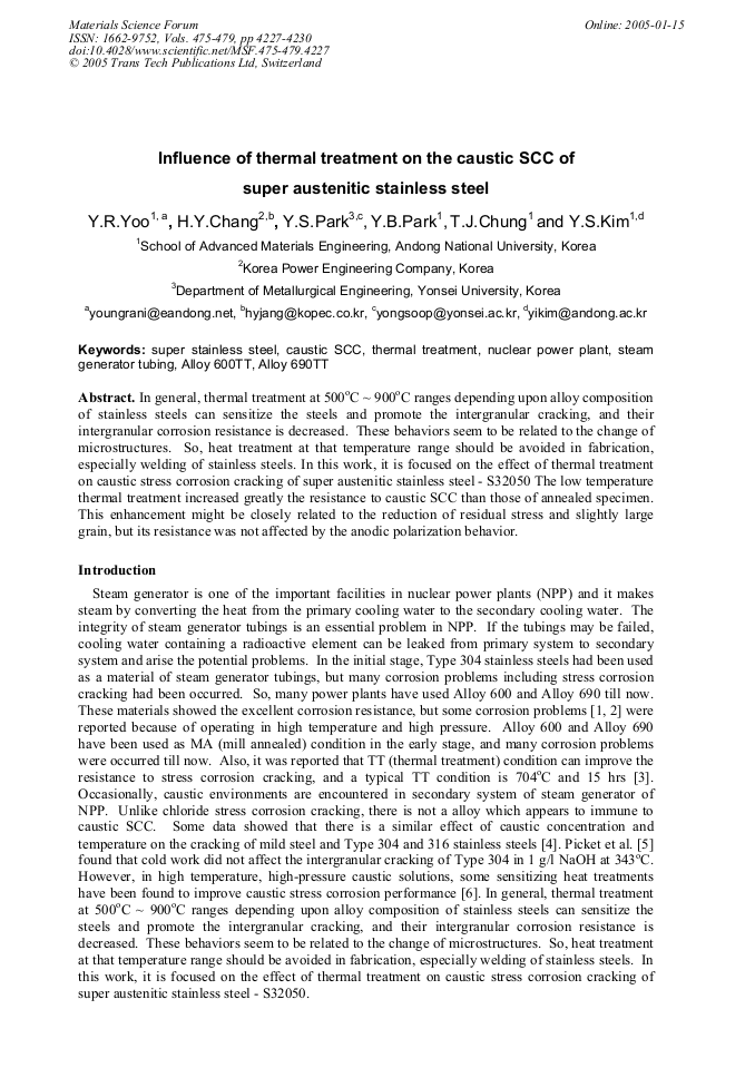 Influence of Thermal Treatment on the Caustic SCC of Super Austenitic ...