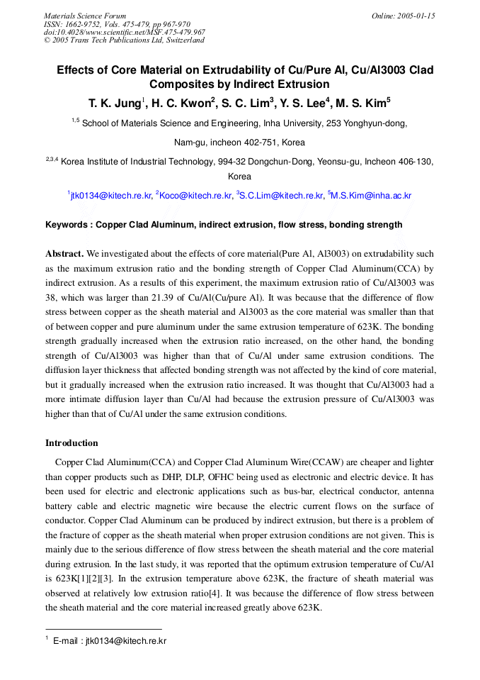 Effects of Core Material on Extrudability of Cu/Pure Al, Cu/Al3003 Clad ...