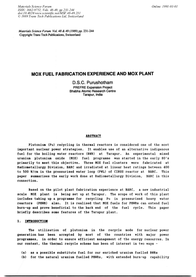 MOX Fuel Fabrication Experience and MOX Plant | Scientific.Net