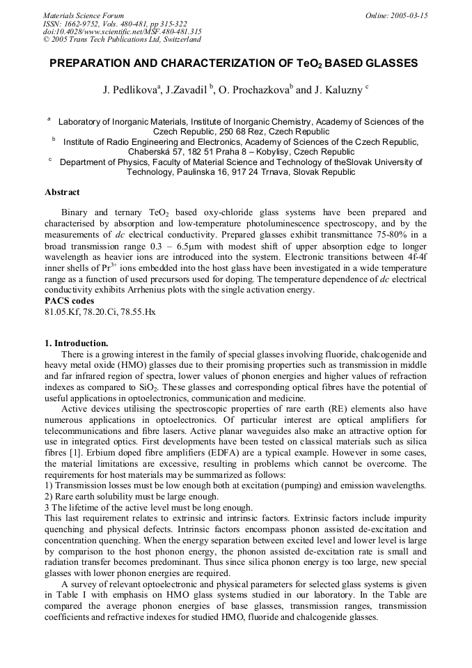 Preparation and Characterization of TeO2 Based Glasses | Scientific.Net