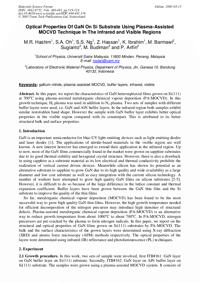 Optical Properties of GaN on Si Substrate Using Plasma-Assisted MOCVD ...