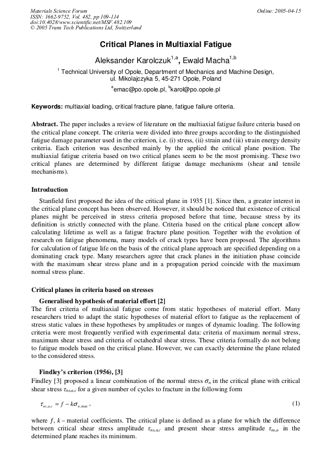 Critical Planes in Multiaxial Fatigue | Scientific.Net