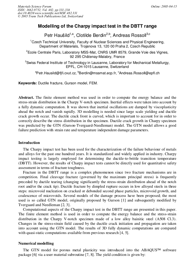 Modelling of the Charpy Impact Test in the DBTT Range | Scientific.Net