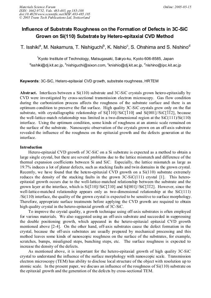 Influence of Substrate Roughness on the Formation of Defects in 3C-SiC Grown on Si(110 ...