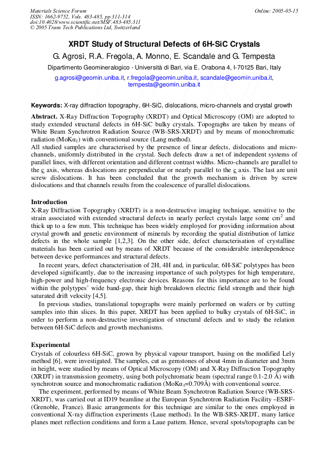 XRDT Study of Structural Defects of 6H-SiC Crystals | Scientific.Net