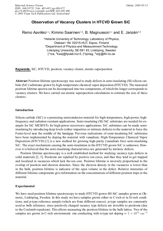 Observation of Vacancy Clusters in HTCVD Grown SiC | Scientific.Net