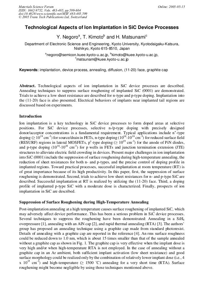 Technological Aspects of Ion Implantation in SiC Device Processes ...