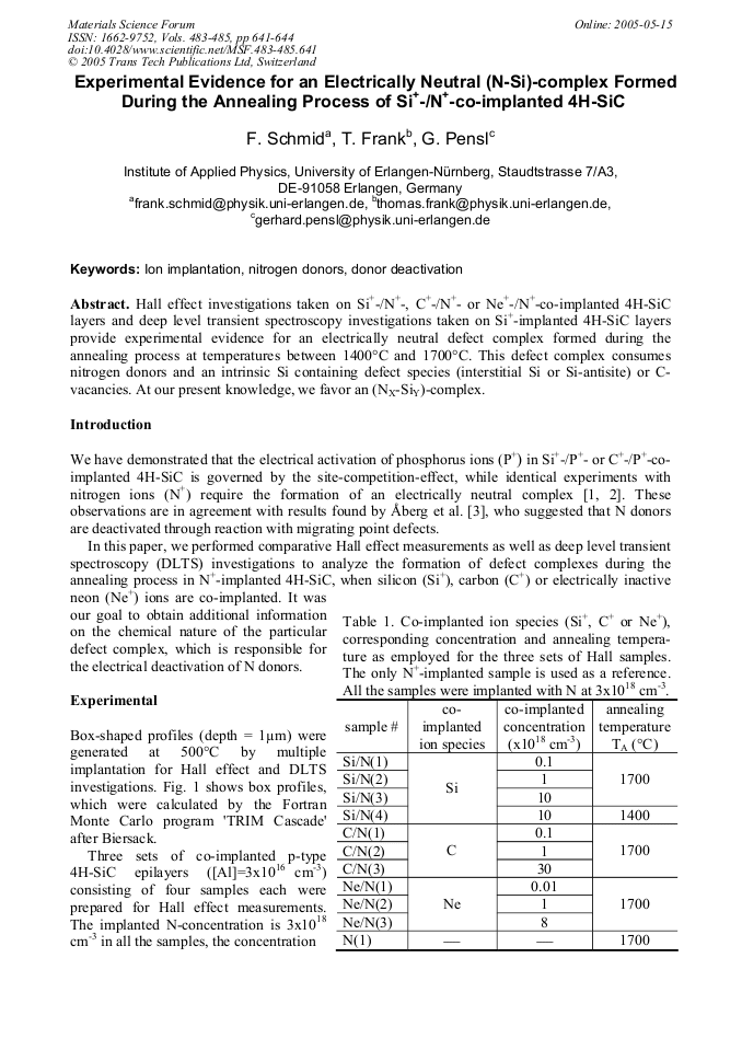 Experimental Evidence for an Electrically Neutral (N-Si)-Complex Formed ...