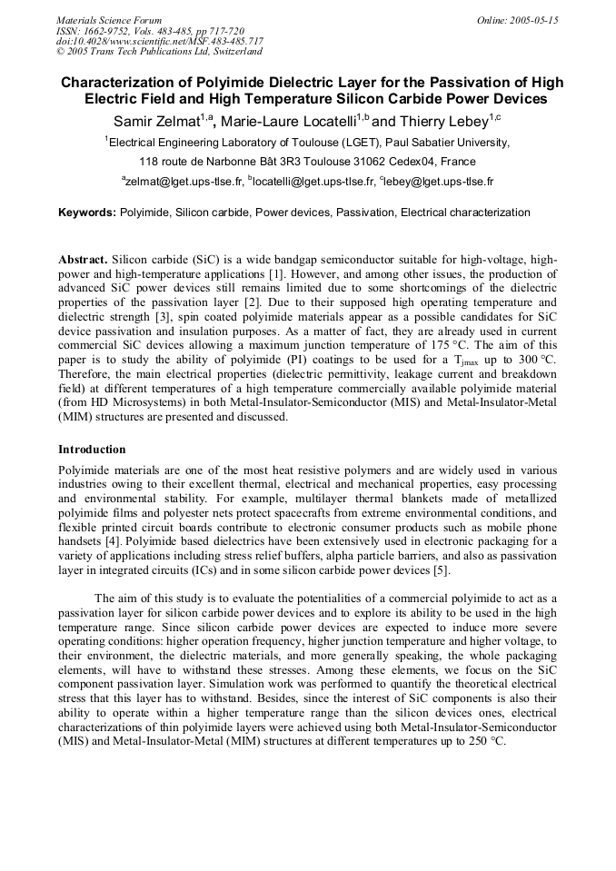 Characterization of Polyimide Dielectric Layer for the Passivation of ...