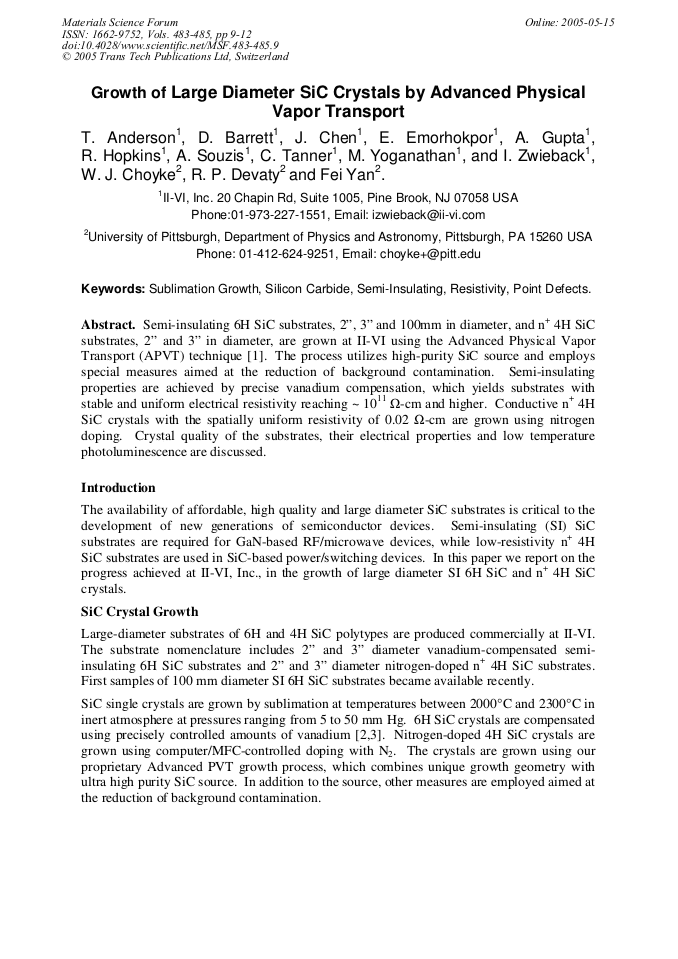 Growth of Large Diameter SiC Crystals by Advanced Physical Vapor Transport | Scientific.Net