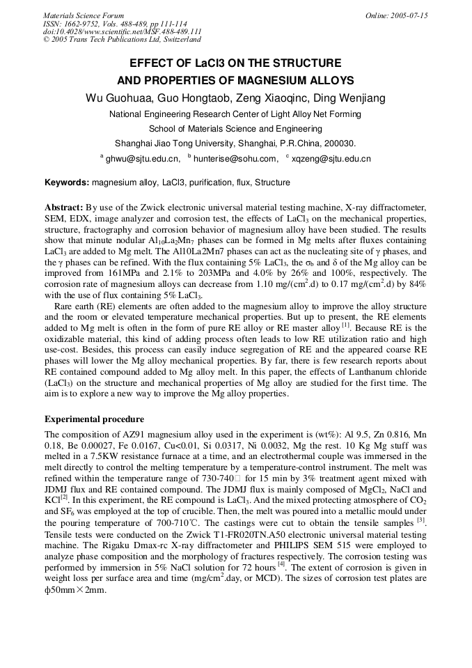 Effect of LaCl3 on the Structure and Properties of Magnesium Alloys ...