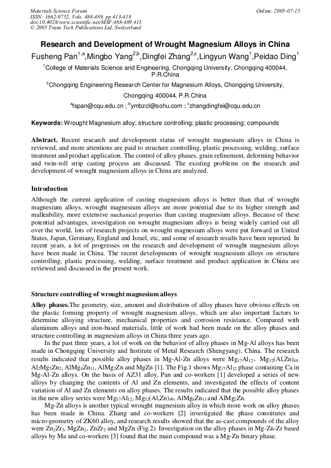 Research and Development of Wrought Magnesium Alloys in China ...