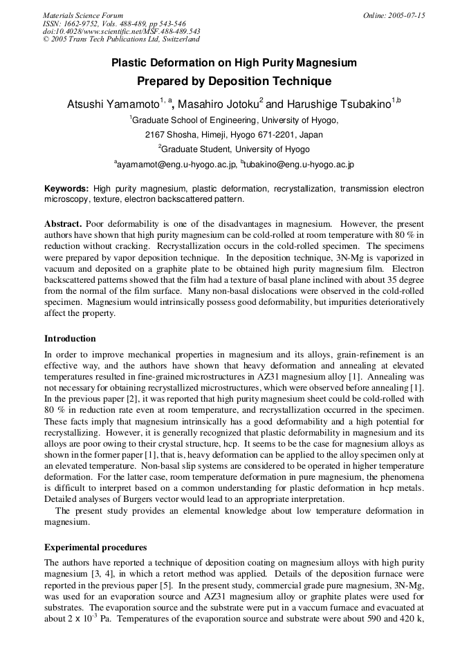 Plastic Deformation on High Purity Magnesium Prepared by Deposition ...