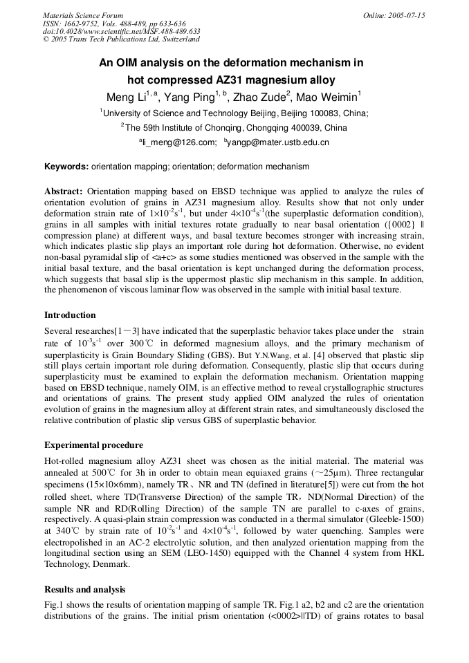 An OIM Analysis on the Deformation Mechanism in Hot Compressed AZ31 ...