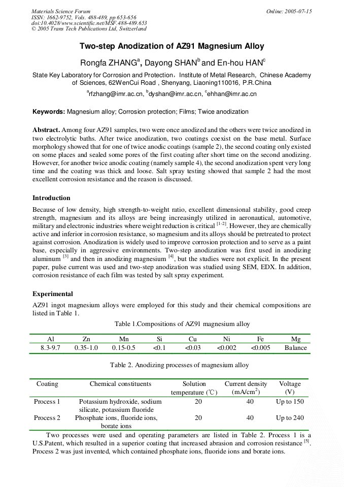 Two-Step Anodization of AZ91 Magnesium Alloy | Scientific.Net