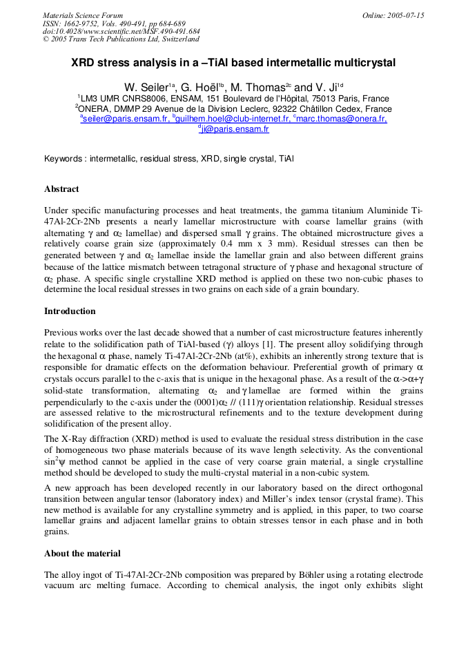 XRD Stress Analysis in a TiAl Based Intermetallic Multicrystal ...
