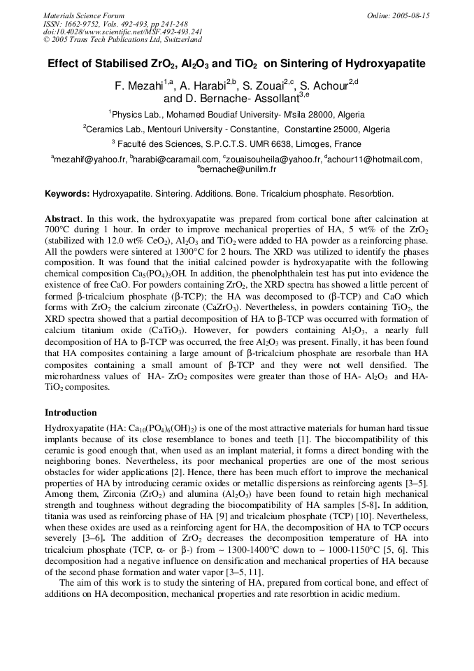 Effect of Stabilised ZrO2, Al2O3 and TiO2 on Sintering of ...