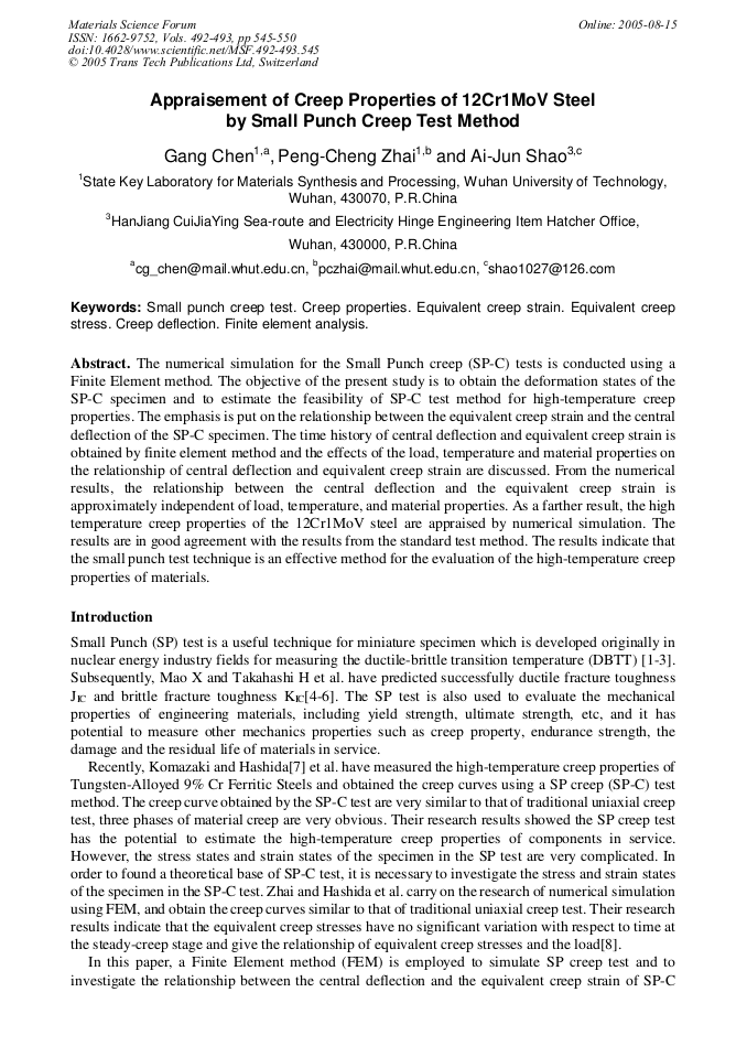Appraisement of Creep Properties of 12Cr1MoV Steel by Small Punch Creep ...