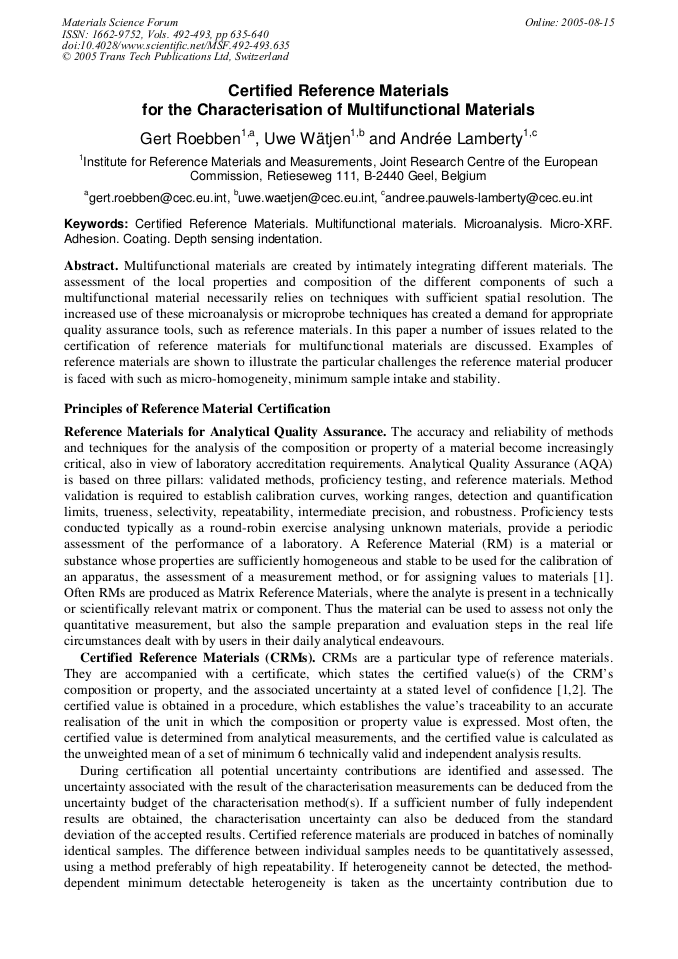 Certified Reference Materials for the Characterisation of ...