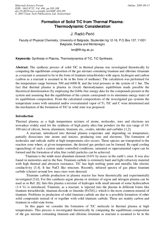 Formation of Solid TiC from Thermal Plasma: Thermodynamic Consideration ...
