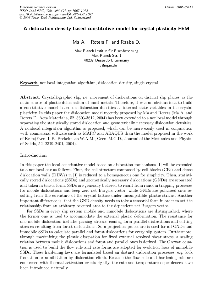A Dislocation Density Based Constitutive Model for Crystal Plasticity FEM | Scientific.Net