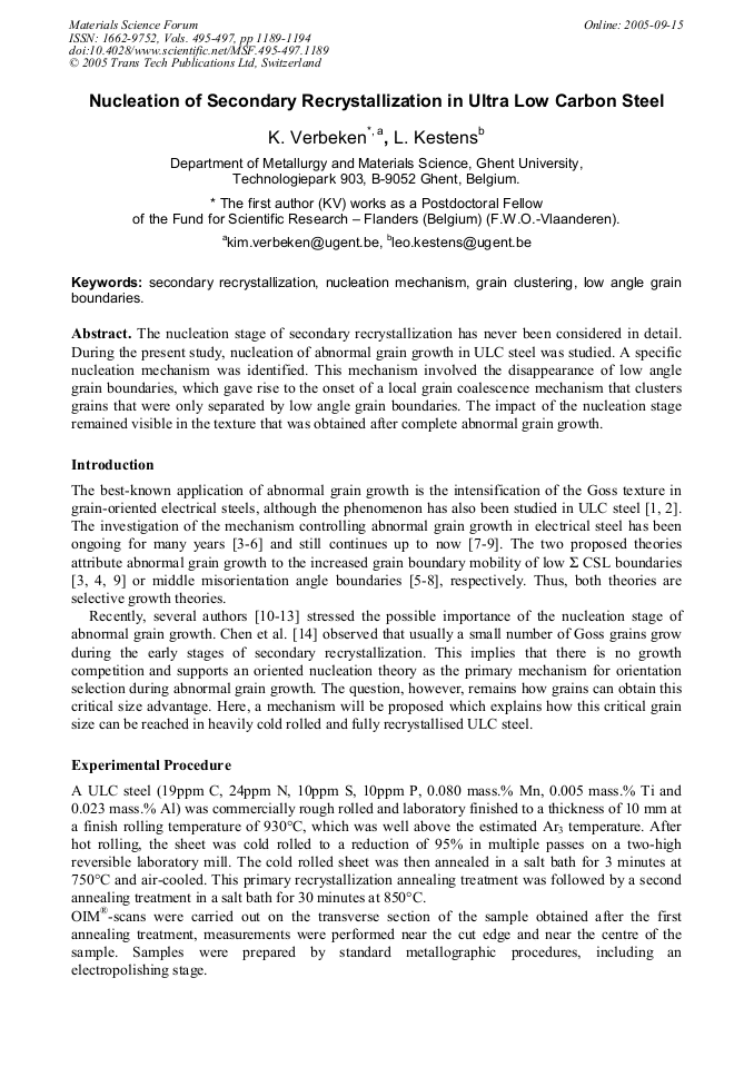 Nucleation of Secondary Recrystallization in Ultra Low Carbon Steel ...
